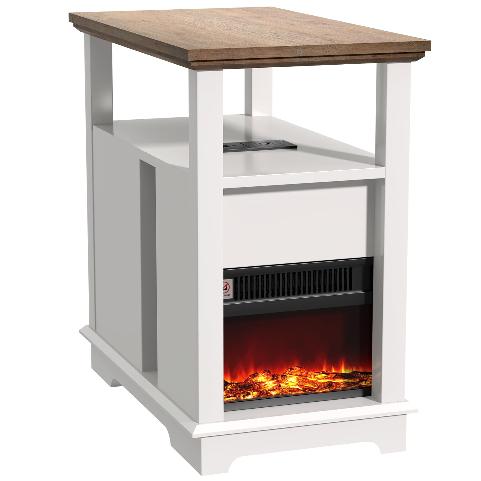 HIFYOBRO Fireplace End Table with Wheels, 1400W Electric Fireplace Screens, Fast Charging Station, Modern Wood Texture, Storage End Table for Living Room/Bedroom/Office (White)