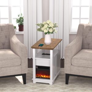 HIFYOBRO Fireplace End Table with Wheels, 1400W Electric Fireplace Screens, Fast Charging Station, Modern Wood Texture, Storage End Table for Living Room/Bedroom/Office (White)