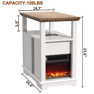 HIFYOBRO Fireplace End Table with Wheels, 1400W Electric Fireplace Screens, Fast Charging Station, Modern Wood Texture, Storage End Table for Living Room/Bedroom/Office (White)