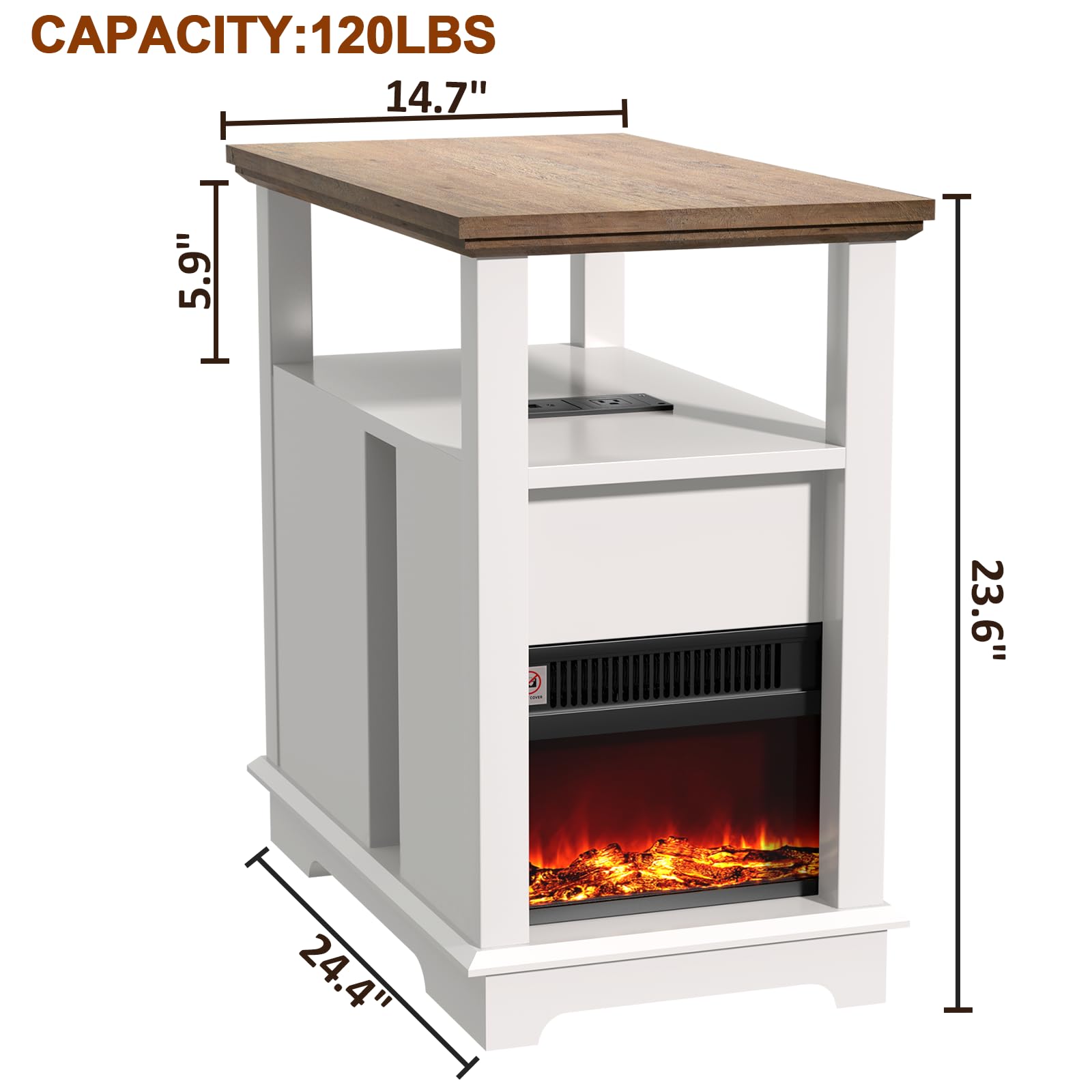 HIFYOBRO Fireplace End Table with Wheels, 1400W Electric Fireplace Screens, Fast Charging Station, Modern Wood Texture, Storage End Table for Living Room/Bedroom/Office (White)