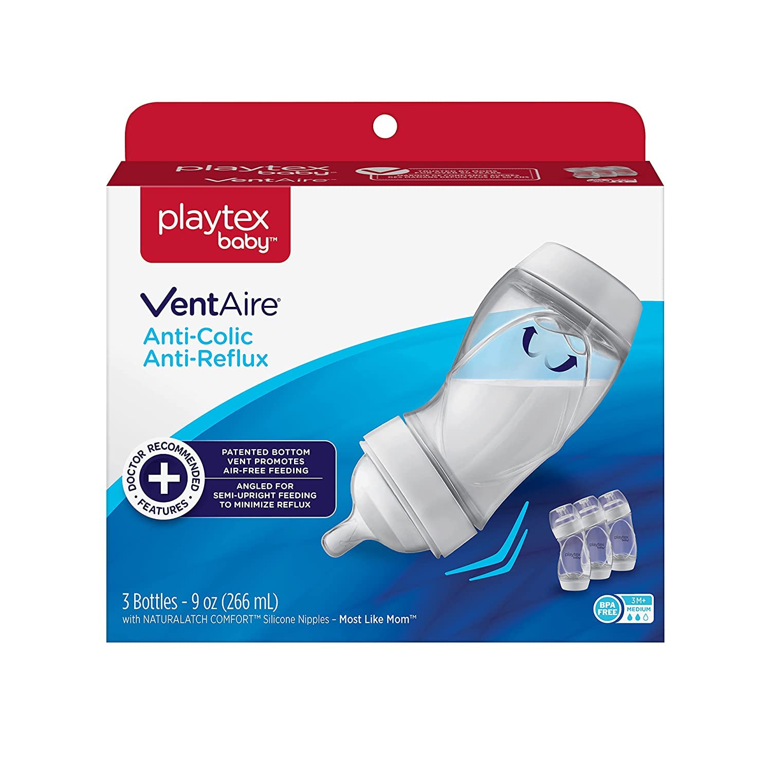 Playtex Baby VentAire Complete Tummy Comfort Baby Bottle, Anti-Colic & Anti-Reflux, Clear, 9 Oz, 3 Count