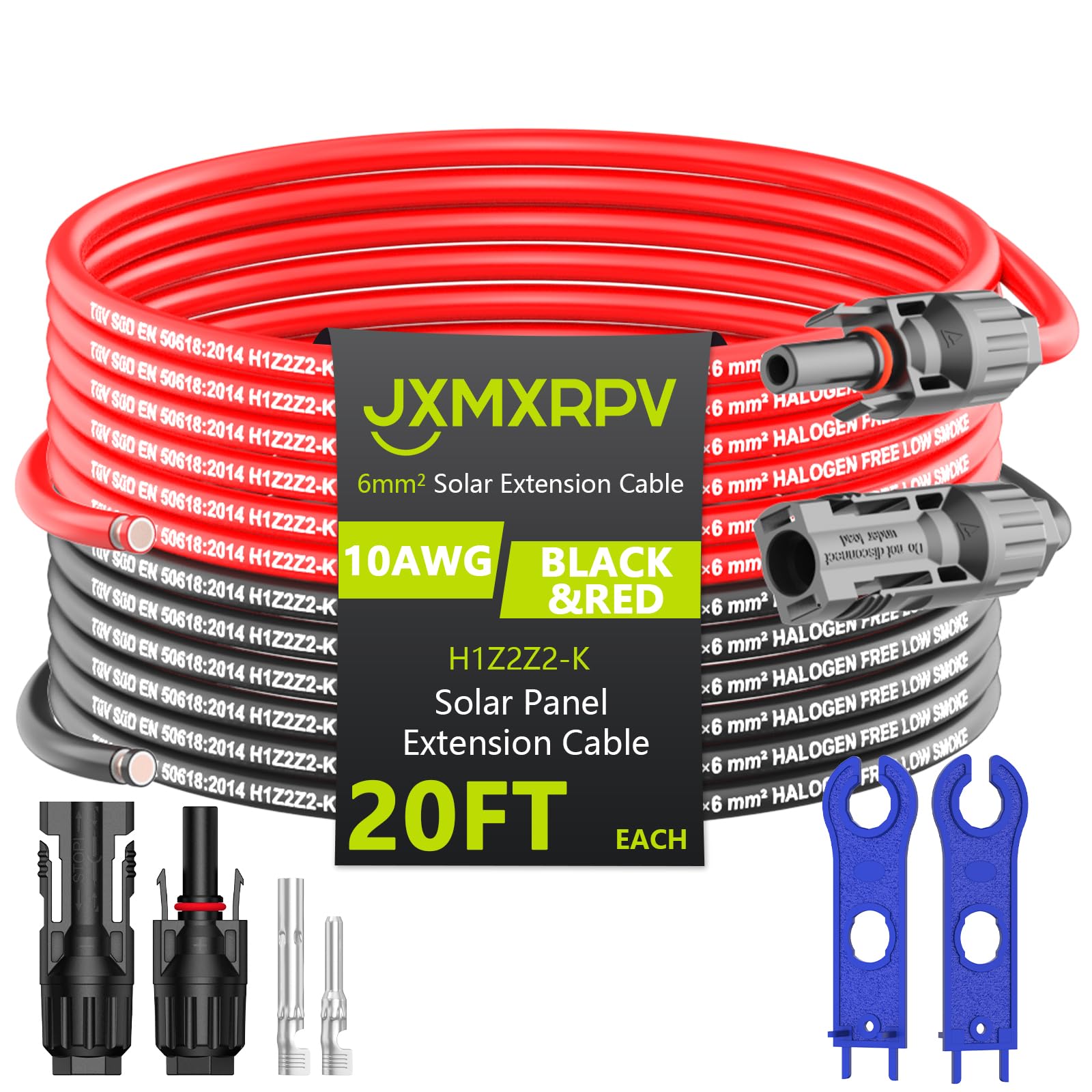 JXMXRPV Solar Charge Controller Extension Cable 20 Ft 10AWG (6mm²) with Female and Male Connector, Weatherproof Solar Panel Extension Cable Wire Adapter Kit for Home Boat RV Solar Panels (20FT 10AWG)