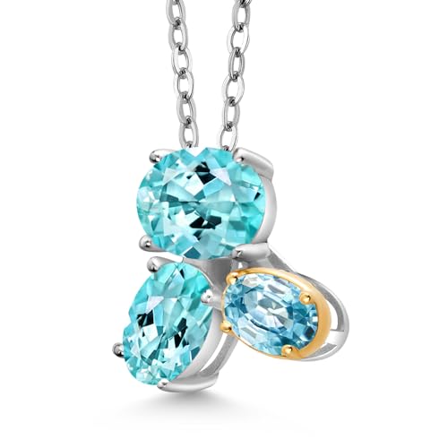 Gem Stone King 925 Silver and 10K Yellow Gold Blue Apatite and Blue Zircon Pendant Necklace For Women (2.67 Cttw, Oval 8X6MM, 7X5MM and 6X4MM, Gemstone, with 18 Inch Chain)