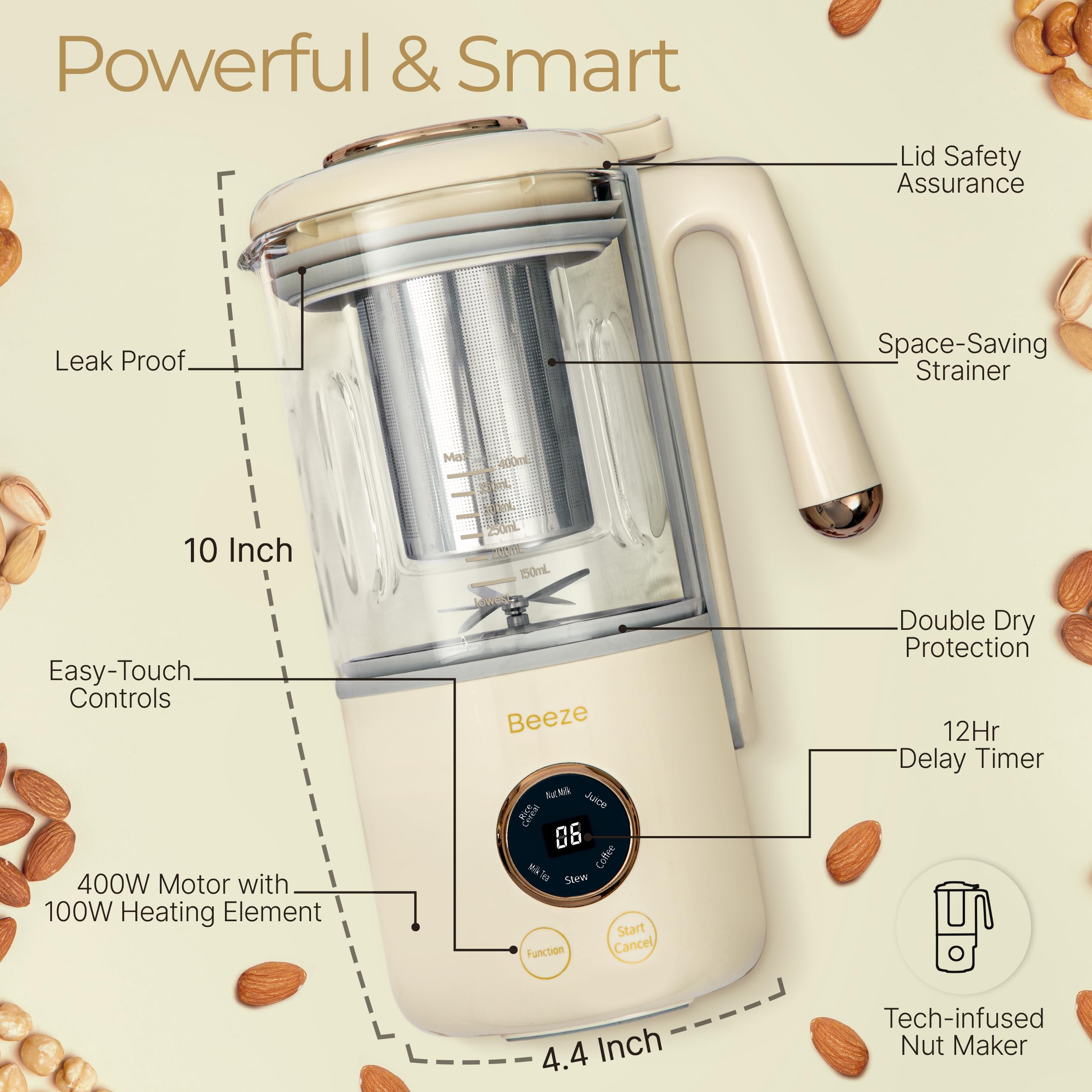 BEEZE Automatic Nut Milk Maker Machine - Make Almond, Soy, Oat, Cashew, Coconut Milk - Glass Blender, Built In Strainer, Smart Touch, 12-Hour Delay Timer