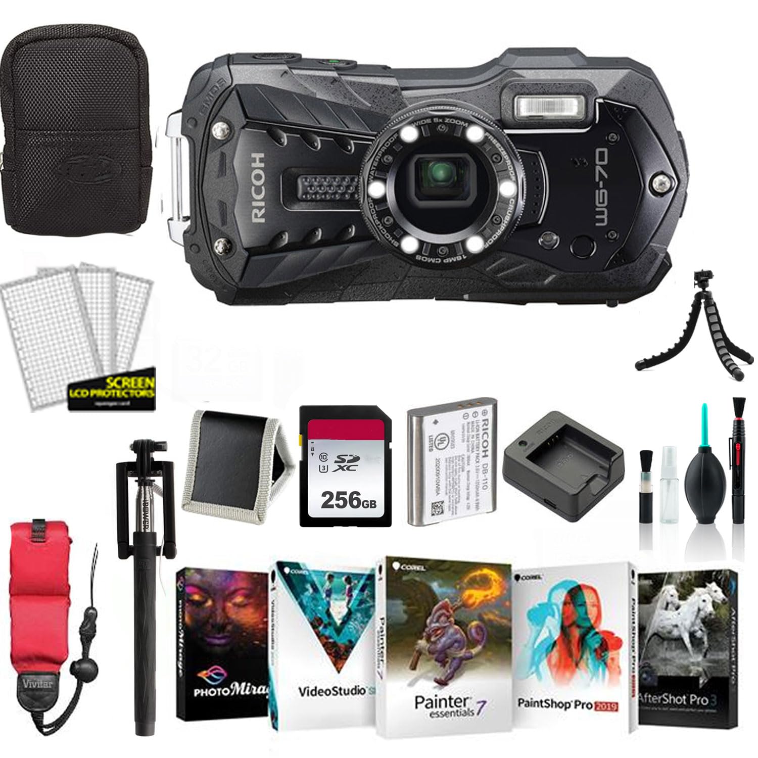 Ricoh WG-70 Waterproof Digital Camera (Black) 03868 Bundle with 256GB Memory Card, Carrying Case, Tripod, Corel Photo-Video-Art Suite + More (International Model)