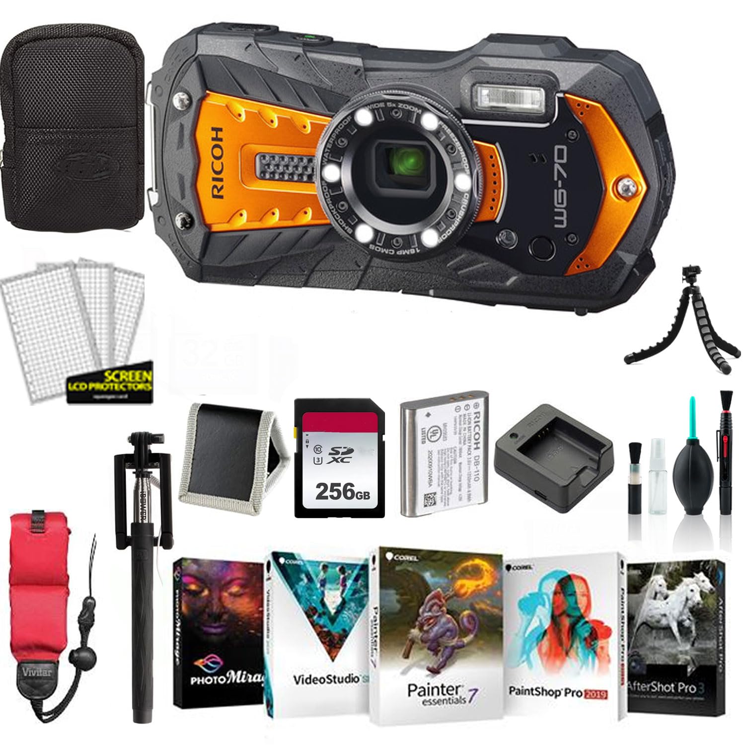 Ricoh WG-70 Waterproof Digital Camera (Orange) 03873 Bundle with 256GB Memory Card, Carrying Case, Tripod, Corel Photo-Video-Art Suite + More (International Model)