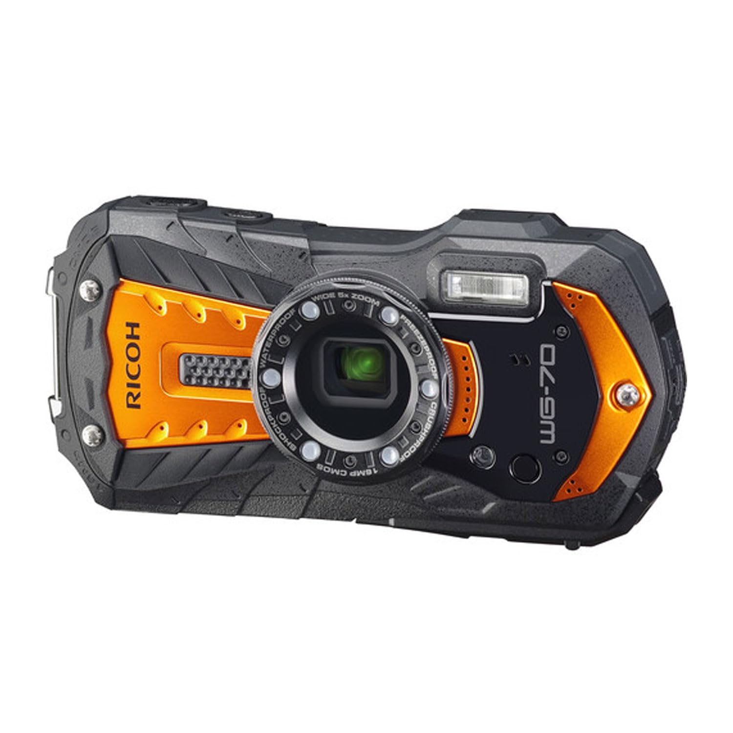 Ricoh WG-70 Waterproof Digital Camera (Orange) 03873 Bundle with 256GB Memory Card, Carrying Case, Tripod, Corel Photo-Video-Art Suite + More (International Model)