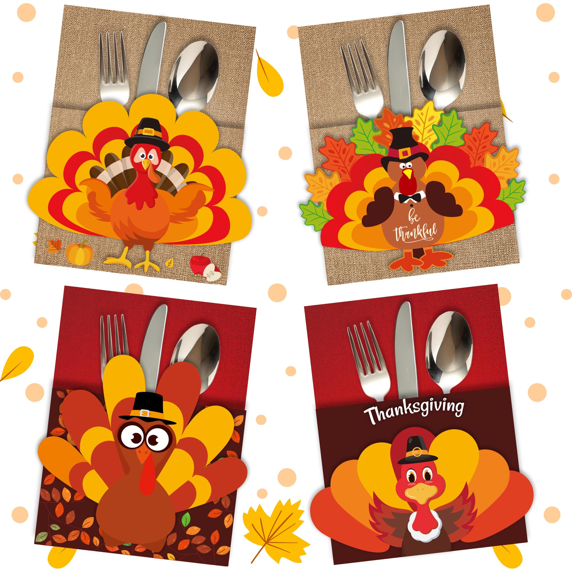 Caoekego Thanksgiving Cutlery Holders 24 Pcs Turkey Thanksgiving Utensil Holder for Thanksgiving Dinner Table Decoration Thanksgiving Party Fall Autumn Family Party Harvest Party Supplies