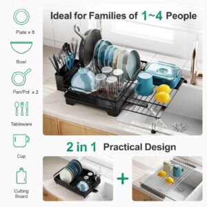 GSlife Dish Drying Rack with Drainboard - Expandable 2-in-1 Dish Racks for Kitchen Counter and Sink, Rust-Resistant Metal Dish Drainer with Pan Slots and Utensil Holder, Black