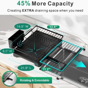 GSlife Dish Drying Rack with Drainboard - Expandable 2-in-1 Dish Racks for Kitchen Counter and Sink, Rust-Resistant Metal Dish Drainer with Pan Slots and Utensil Holder, Black