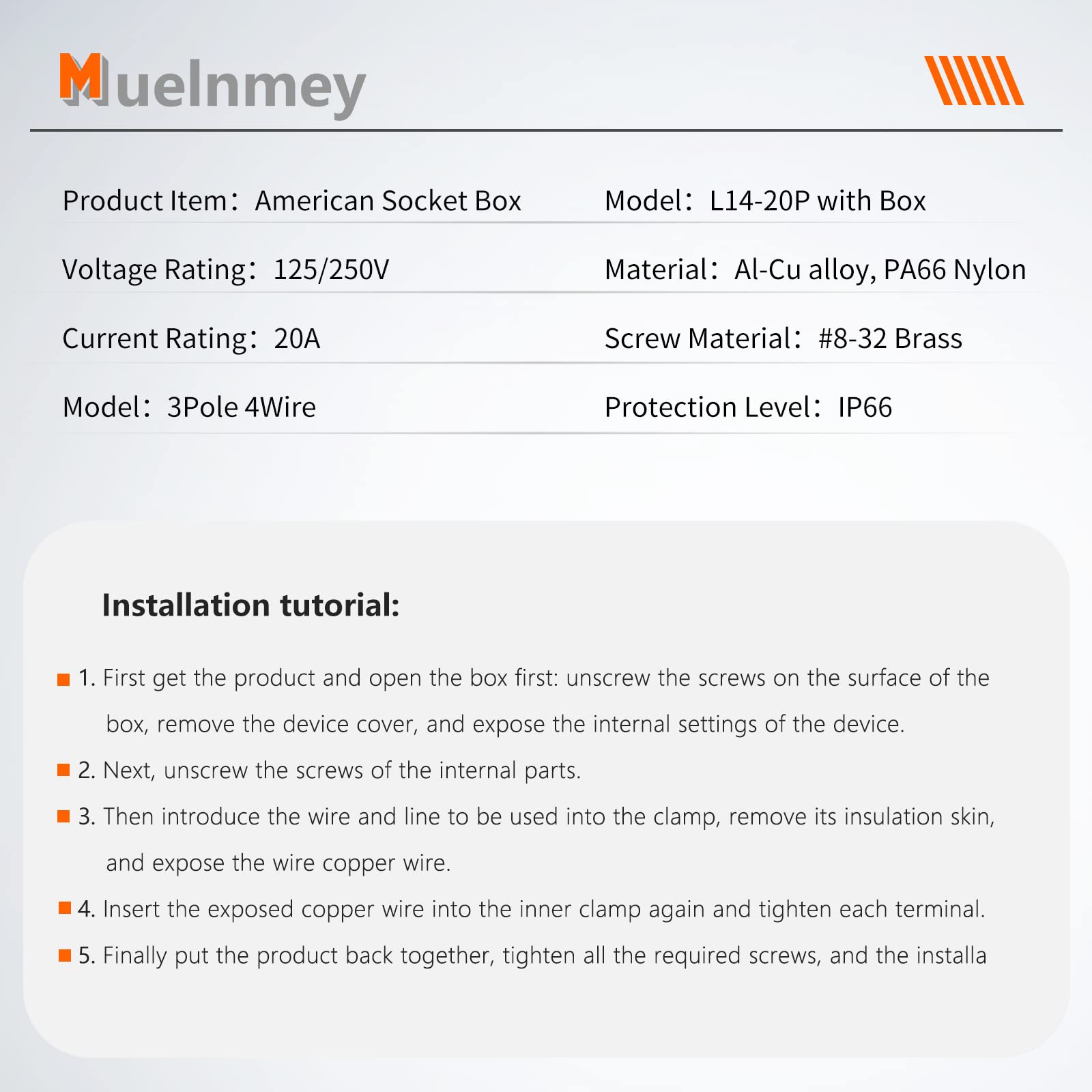 Muelnmey 20Amp Power Outlet Box,125/250Volt NEMA L14-20P Plug+ 3PCS Cable Glands 2 M25 (13-18mm) Connectors and 1 M32 (18-25mm) Connector