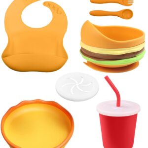 Baby Led Weaning Supplies, Silicone Feeding Set for Baby, Toddler Plates and Bowls Set with Suction, Baby Utensils Set with Adjustable Bib, Sippy Cup,Spoon and Fork, 6+ Months