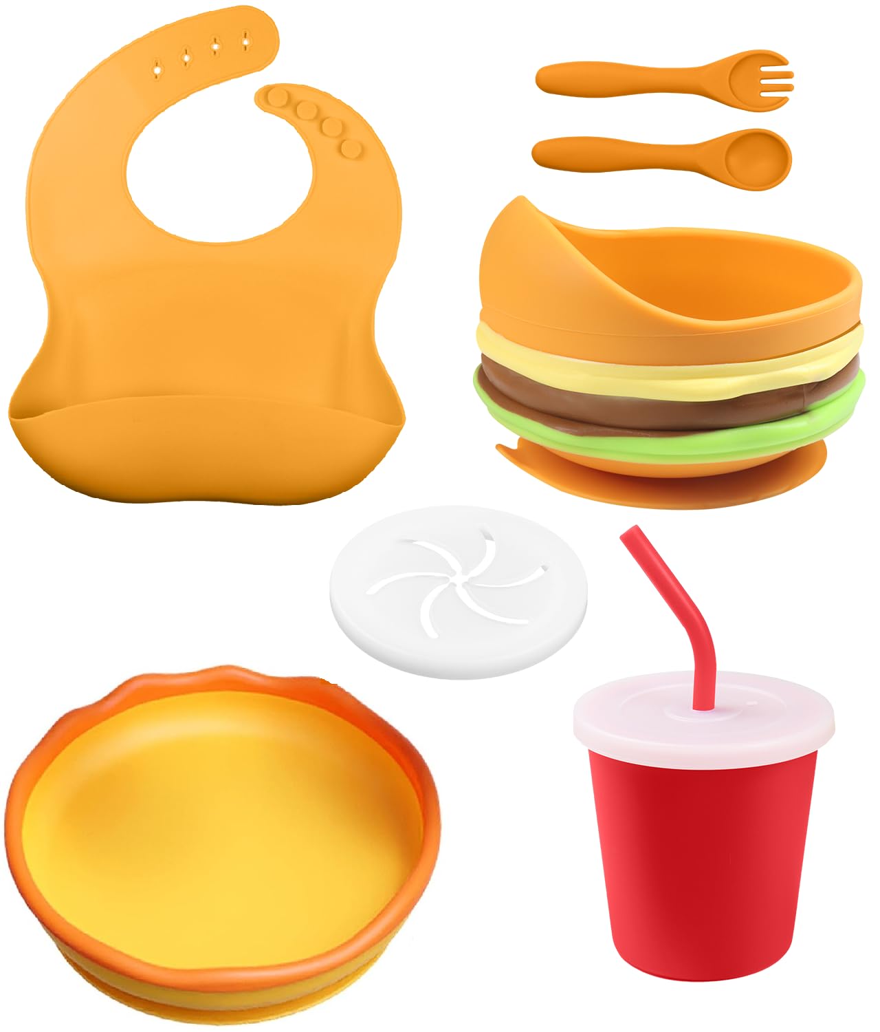 Baby Led Weaning Supplies, Silicone Feeding Set for Baby, Toddler Plates and Bowls Set with Suction, Baby Utensils Set with Adjustable Bib, Sippy Cup,Spoon and Fork, 6+ Months