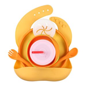 Baby Led Weaning Supplies, Silicone Feeding Set for Baby, Toddler Plates and Bowls Set with Suction, Baby Utensils Set with Adjustable Bib, Sippy Cup,Spoon and Fork, 6+ Months