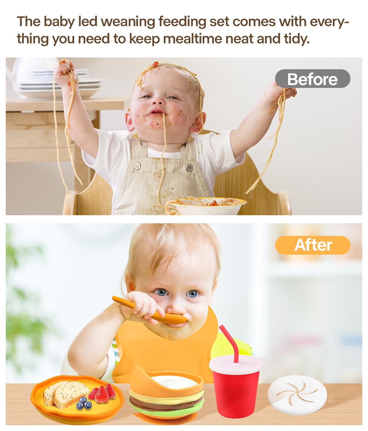 Baby Led Weaning Supplies, Silicone Feeding Set for Baby, Toddler Plates and Bowls Set with Suction, Baby Utensils Set with Adjustable Bib, Sippy Cup,Spoon and Fork, 6+ Months