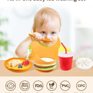 Baby Led Weaning Supplies, Silicone Feeding Set for Baby, Toddler Plates and Bowls Set with Suction, Baby Utensils Set with Adjustable Bib, Sippy Cup,Spoon and Fork, 6+ Months