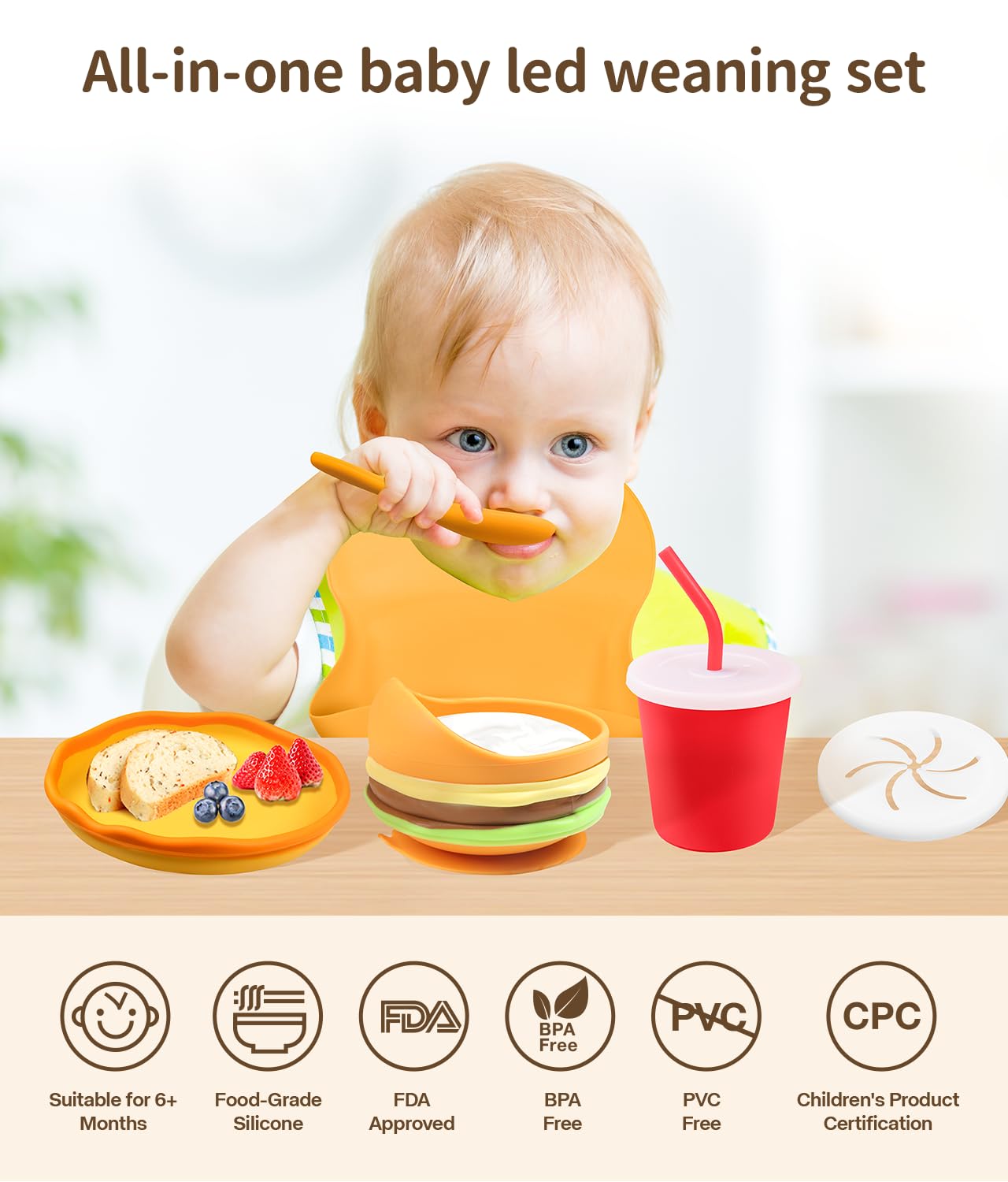 Baby Led Weaning Supplies, Silicone Feeding Set for Baby, Toddler Plates and Bowls Set with Suction, Baby Utensils Set with Adjustable Bib, Sippy Cup,Spoon and Fork, 6+ Months