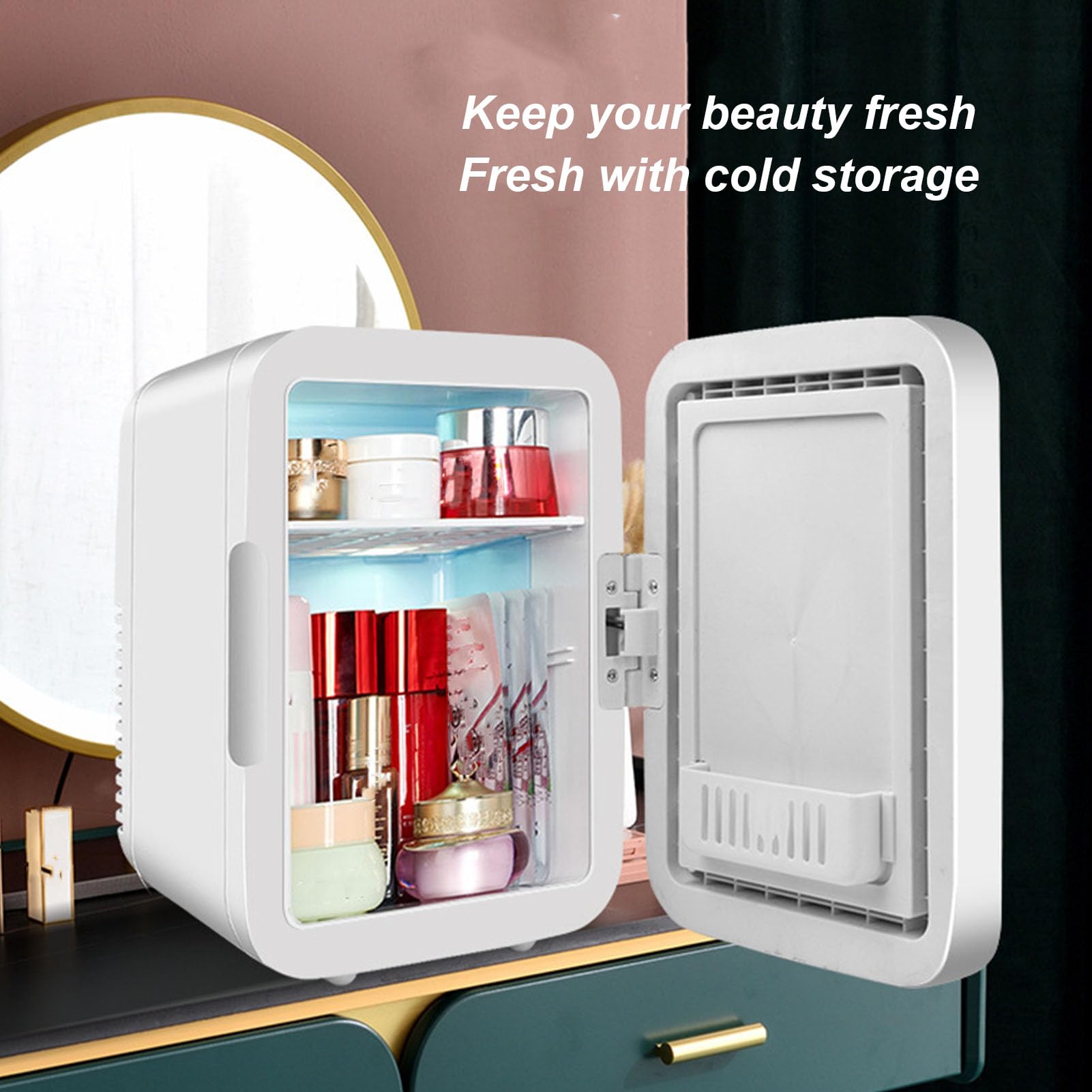 Mini Portable Compact Personal Fridge Cooler, 4 Liter Capacity Chills for Women Teen Girls, 12V LED HD Cooler and Warmer Sealed Beauty Refrigerator for Makeup Storage