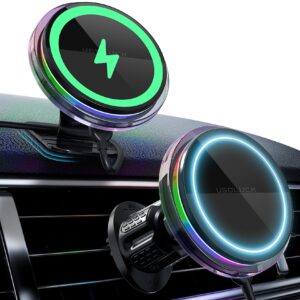 ugdluck for magsafe car mount charger, 15w magnetic wireless car charger with 8 rgb led backlit magnetic car phone holder mount for iphone 15 14 13 12