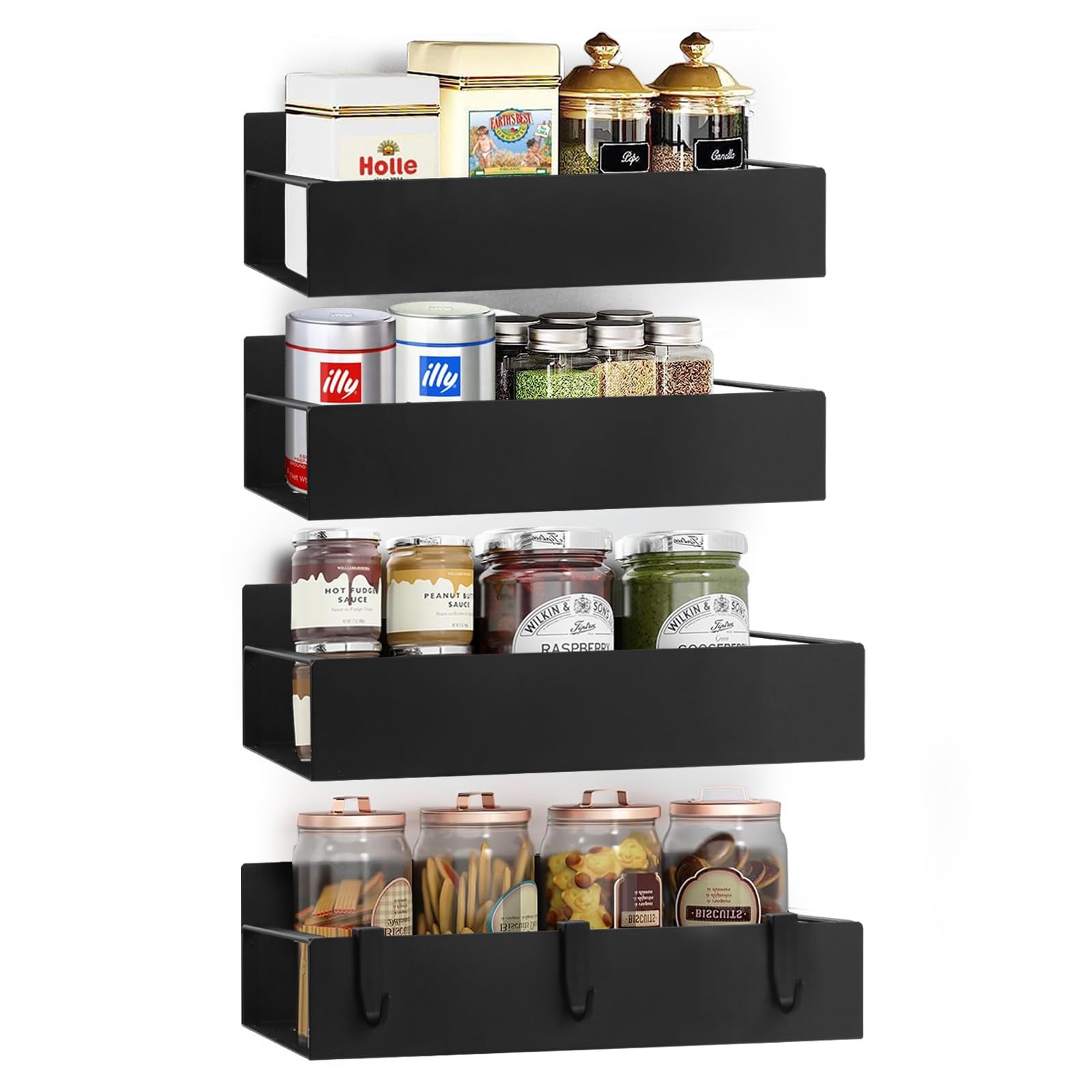 4 Pack Magnetic Shelf for Fridge, Magnetic Spice Rack for Refrigerator,Movable Spice Rack Organizer for Kitchen, Easy to Install, Waterproof and Rustproof ABS Material (BLACK 4 PACK)