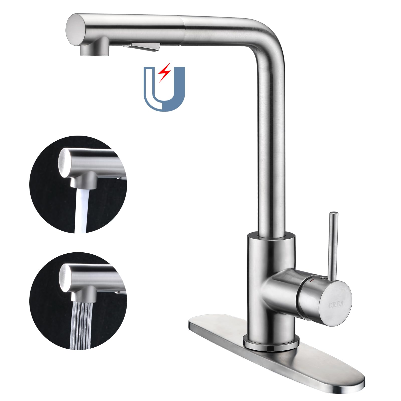 CREA Brushed Nickel Kitchen Faucets,Pull Down Kitchen Faucet with Sprayer Magnetic Docking,Rotary 15.8" Single Handle Kitchen Sink Faucet Stainless Steel Farmhouse Kitchen Faucet Bar RV Sink Faucet