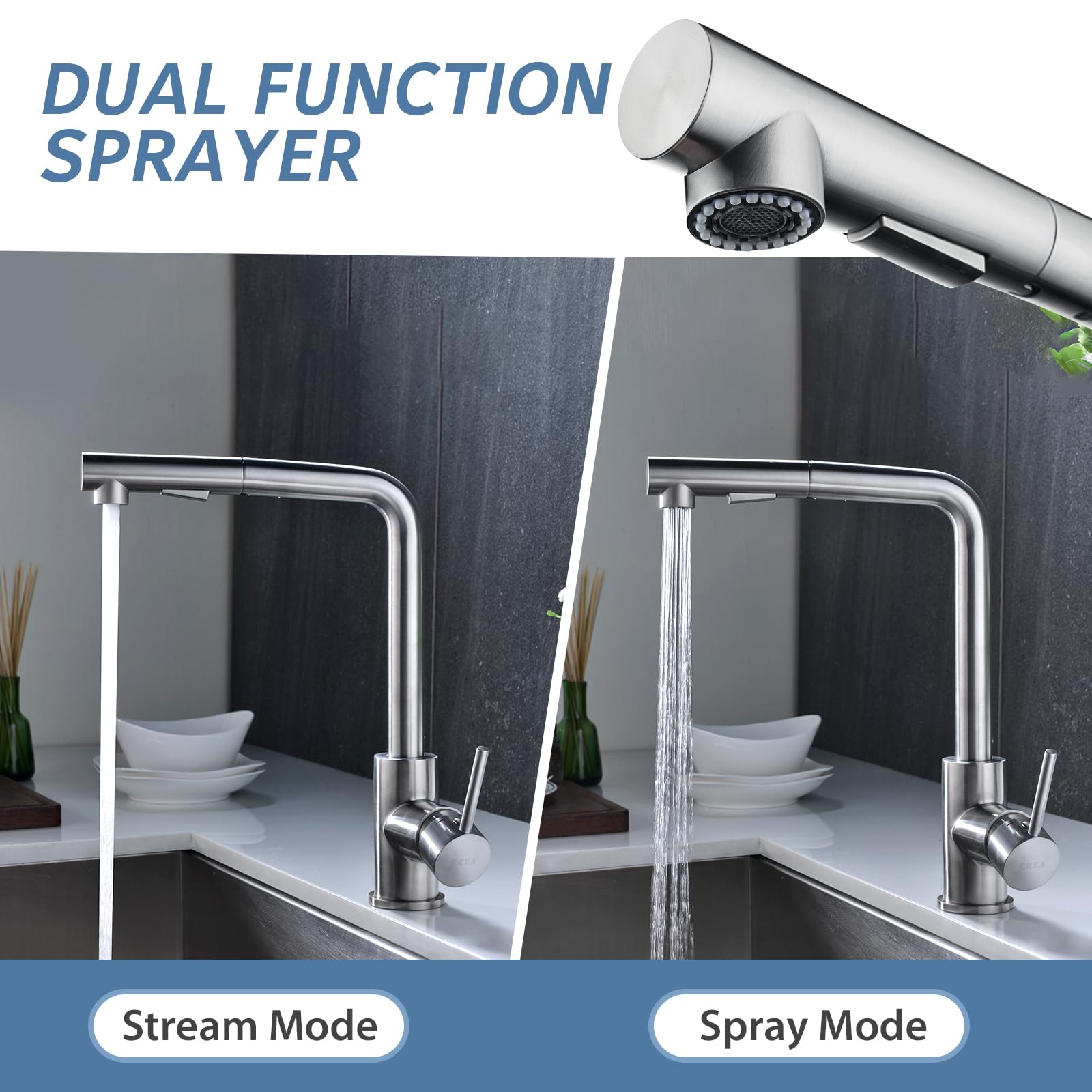 CREA Brushed Nickel Kitchen Faucets,Pull Down Kitchen Faucet with Sprayer Magnetic Docking,Rotary 15.8" Single Handle Kitchen Sink Faucet Stainless Steel Farmhouse Kitchen Faucet Bar RV Sink Faucet