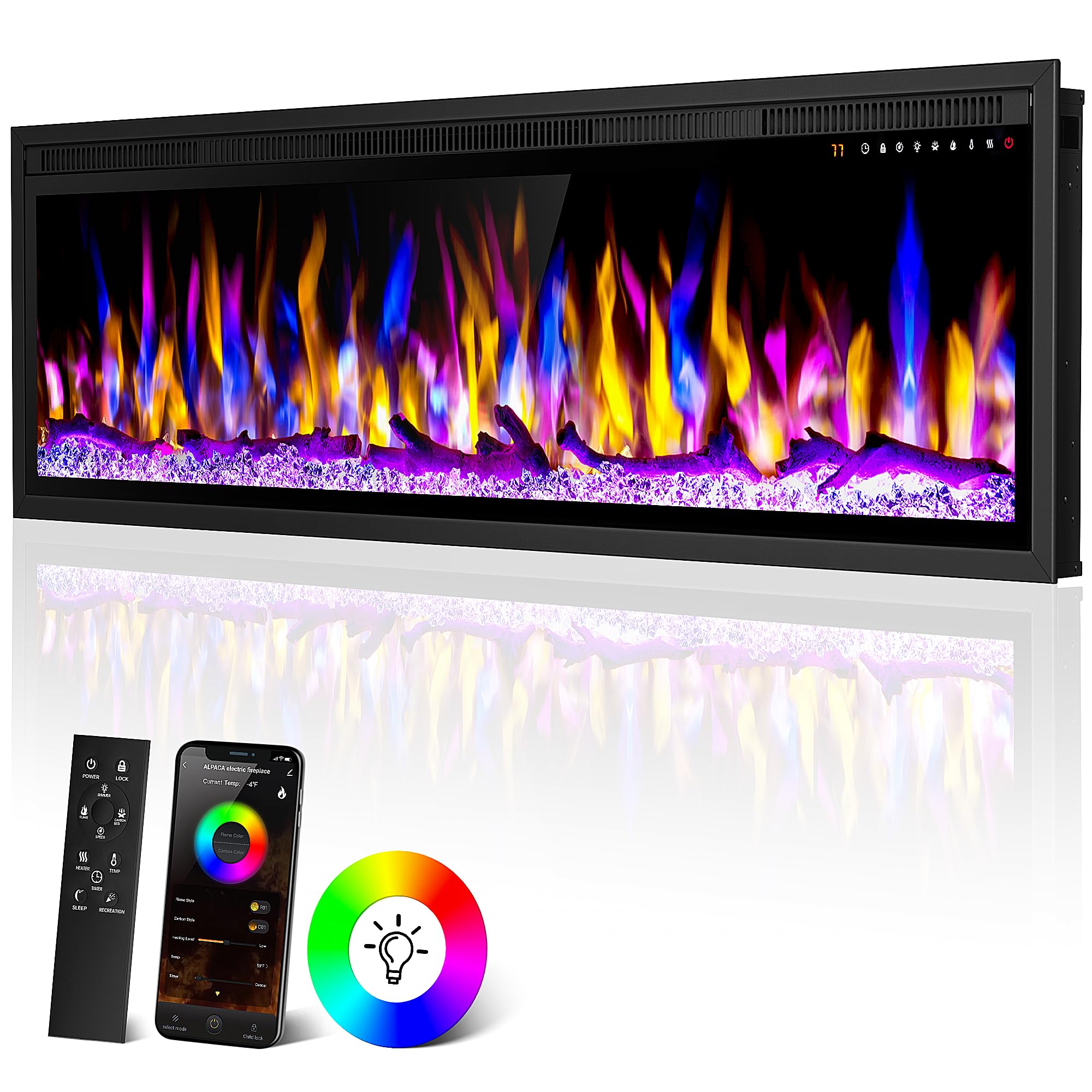 ALPACA Smart 50" WiFi-Enabled Electric Fireplace Heater, Recessed in-Wall and Wall-Mounted Linear Fireplace,Compatible with Alexa,13 Adjustable Flame Color and 5 Brightness,1500/750 Watt Heater,Black