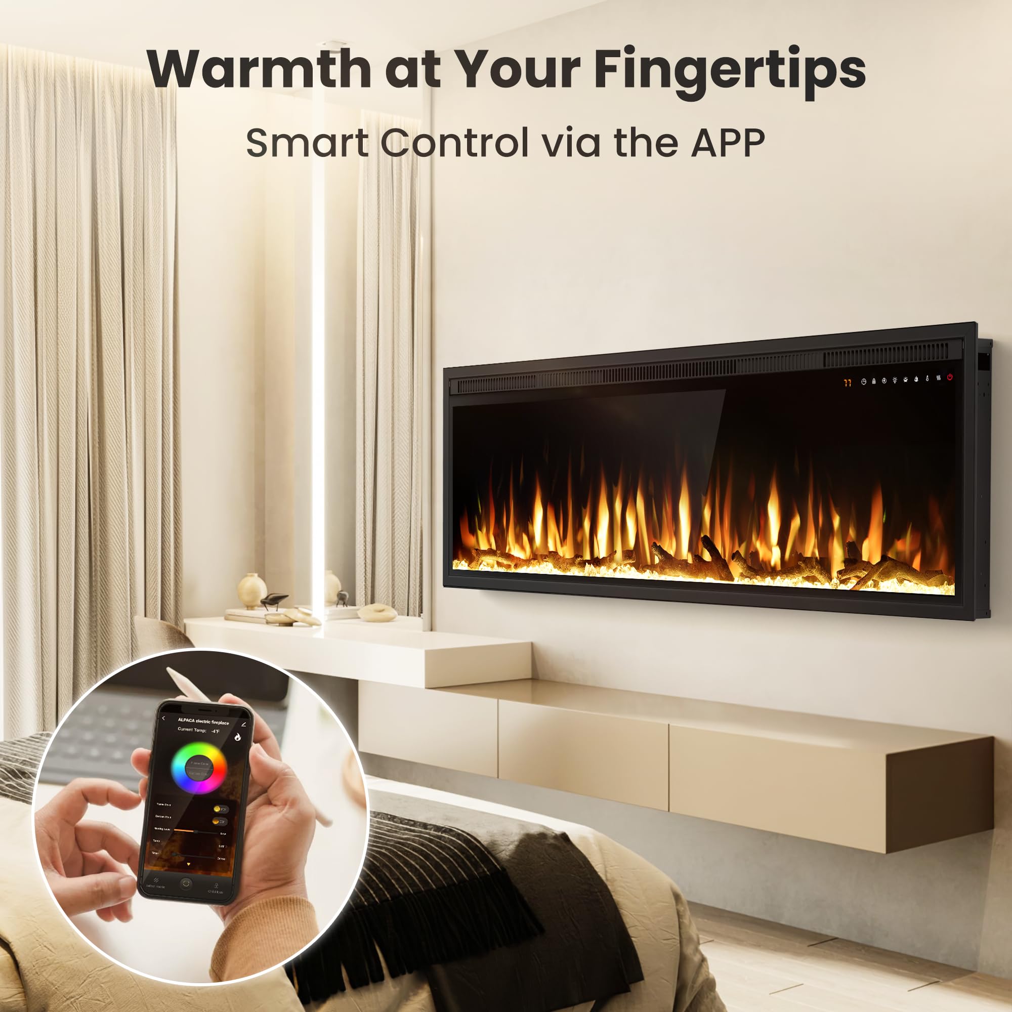 ALPACA Smart 50" WiFi-Enabled Electric Fireplace Heater, Recessed in-Wall and Wall-Mounted Linear Fireplace,Compatible with Alexa,13 Adjustable Flame Color and 5 Brightness,1500/750 Watt Heater,Black