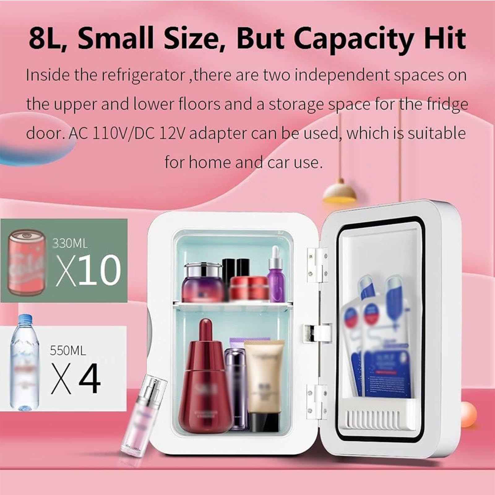 ROLTIN Portable Mirrored Beauty Fridge, With Led Mirror, 8L Capacity Portable Mini Fridge, Hot And Cold, Car And Home Dual Use Mini Fridge Skincare, For Bedroom, Office And Car,White (White)