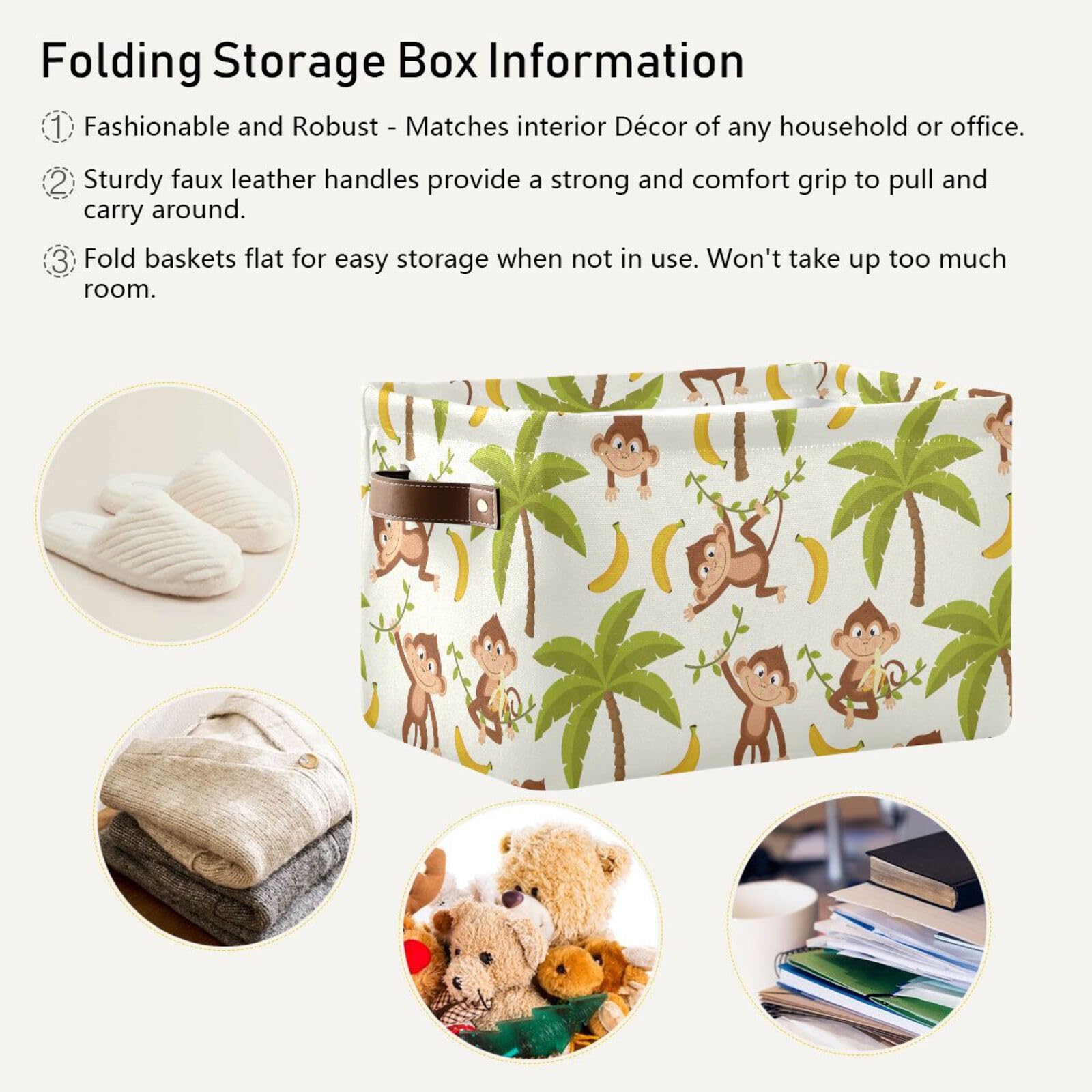 Monkey Palm Tree Storage Basket Bins Foldable Decorative Storage Box Laundry Hamper Baskte Storage for Bedroom Office Clothes Pet Nursery Living Room,2 pcs