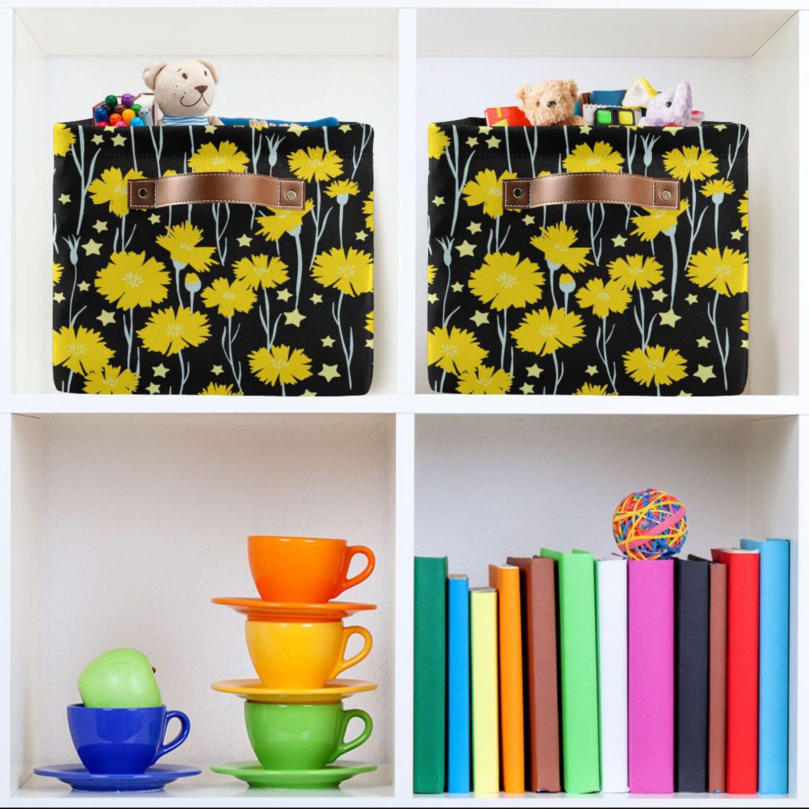 Yellow Flower Storage Basket Bins Foldable Laundry Hamper Toy Storage Bins Box Organizer for Playroom Living Bed Room Office Clothes Nursery,1 pcs