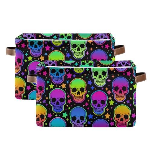 Neon Skulls Storage Basket Bins Decorative Toy Laundry Basket Organization with Handles for Playroom Living Bed Room Office Clothes Nursery,2 pcs