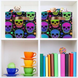 Neon Skulls Storage Basket Bins Decorative Toy Laundry Basket Organization with Handles for Playroom Living Bed Room Office Clothes Nursery,2 pcs