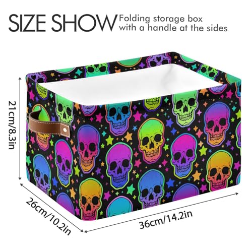 Neon Skulls Storage Basket Bins Decorative Toy Laundry Basket Organization with Handles for Playroom Living Bed Room Office Clothes Nursery,2 pcs