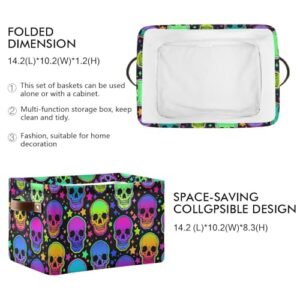 Neon Skulls Storage Basket Bins Decorative Toy Laundry Basket Organization with Handles for Playroom Living Bed Room Office Clothes Nursery,2 pcs