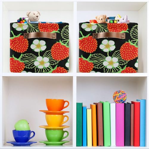 Wild Strawberries Flowers Leaves Storage Basket Bins Foldable Laundry Hamper Toy Storage Bins Box Organizer for Playroom Living Bed Room Office Clothes Nursery,2 pcs