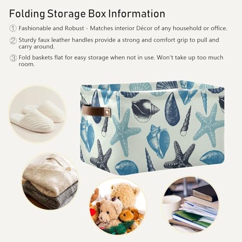 Sea Shell Blue Storage Basket Bins Foldable Toy Baskets Organization with Handles Laundry Hamper for Bedroom Office Clothes Pet Nursery Living Room,2 pcs