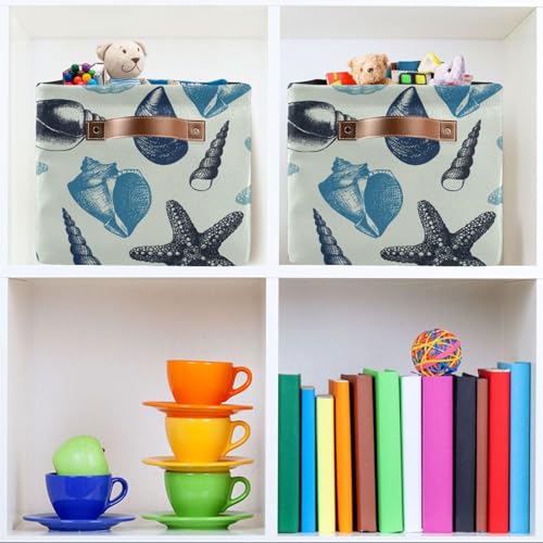 Sea Shell Blue Storage Basket Bins Foldable Toy Baskets Organization with Handles Laundry Hamper for Bedroom Office Clothes Pet Nursery Living Room,2 pcs