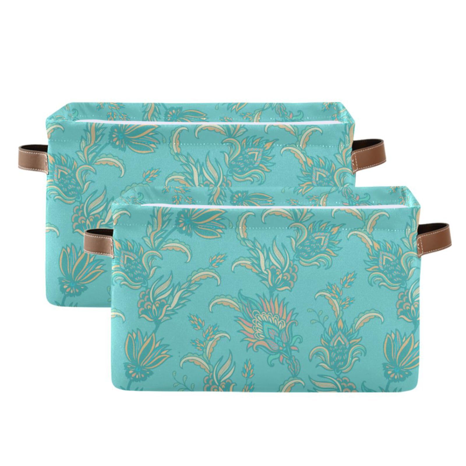 Emelivor Turquoise Floral Storage Basket Bins Decorative Toy Laundry Basket Organization with Handles for Home Boys Girls Office Closet Shelf Nursery Baskets,2 pcs