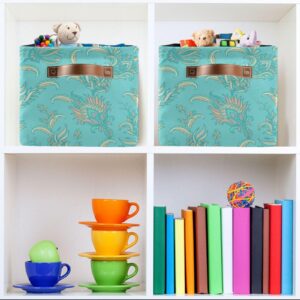 Emelivor Turquoise Floral Storage Basket Bins Decorative Toy Laundry Basket Organization with Handles for Home Boys Girls Office Closet Shelf Nursery Baskets,2 pcs