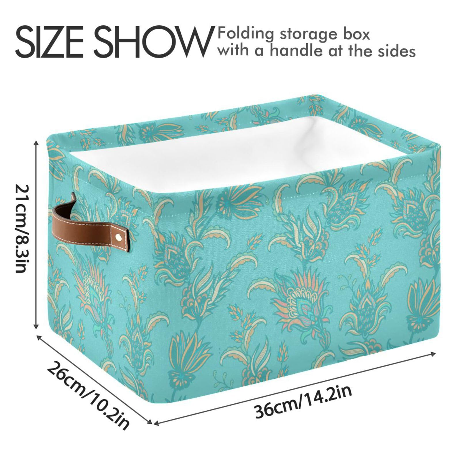 Emelivor Turquoise Floral Storage Basket Bins Decorative Toy Laundry Basket Organization with Handles for Home Boys Girls Office Closet Shelf Nursery Baskets,2 pcs