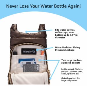 WanderFull Original Crossbody HydroBag | Quilted Water Bottle Carrier | Puffer Tote Tumbler Holder with Pockets for Phone & Accessories | Carry Travel Essentials (Chocolate Brown Shiny/Solid Strap)