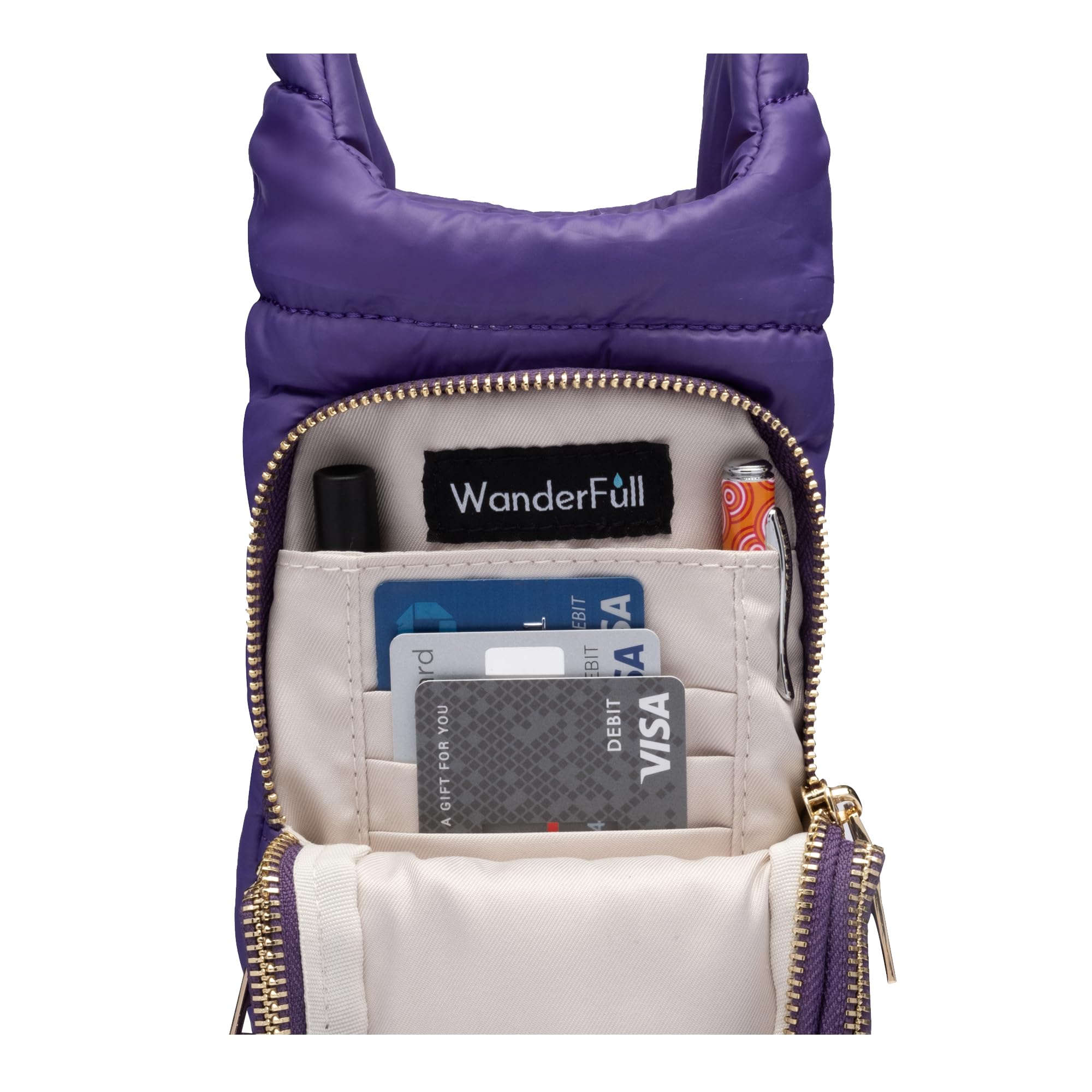 WanderFull Original Crossbody HydroBag | Quilted Water Bottle Carrier | Puffer Tote Tumbler Holder with Pockets for Purse, Phone & Accessories | Carry Travel Essentials (Deep Violet)