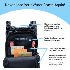 WanderFull Original Crossbody HydroBag | Quilted Water Bottle Carrier | Puffer Tote Tumbler Holder with Pockets for Purse, Phone & Accessories | Carry Travel Essentials (Black Glossy/Black Strap)