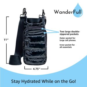 WanderFull Original Crossbody HydroBag | Quilted Water Bottle Carrier | Puffer Tote Tumbler Holder with Pockets for Purse, Phone & Accessories | Carry Travel Essentials (Black Glossy/Black Strap)