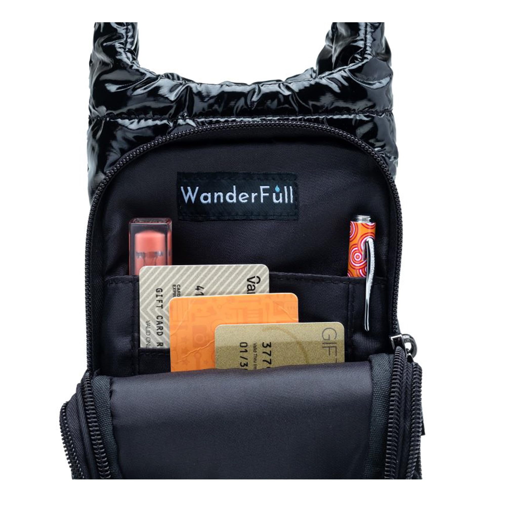 WanderFull Original Crossbody HydroBag | Quilted Water Bottle Carrier | Puffer Tote Tumbler Holder with Pockets for Purse, Phone & Accessories | Carry Travel Essentials (Black Glossy/Black Strap)