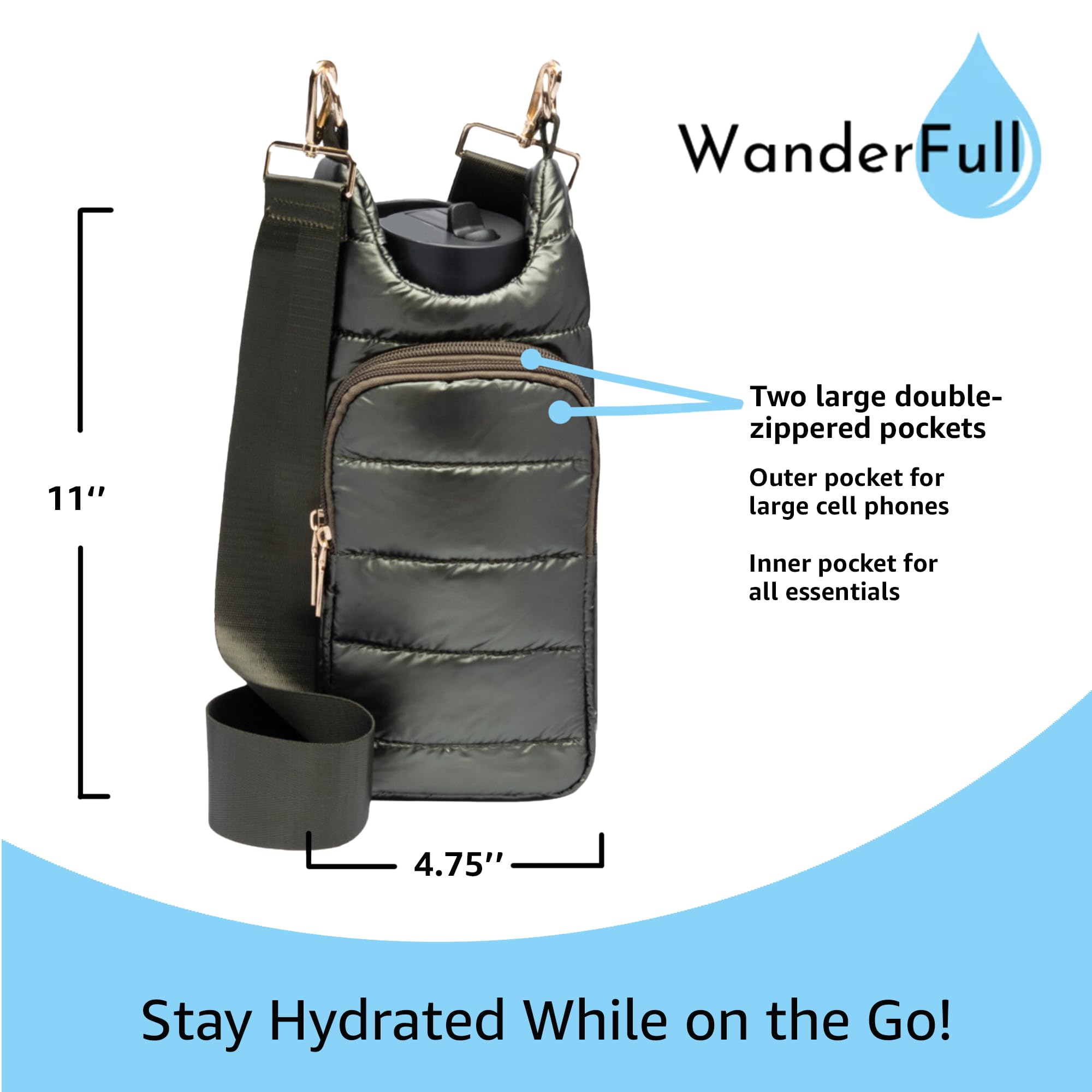 WanderFull Original Crossbody HydroBag | Quilted Water Bottle Carrier | Puffer Tote Tumbler Holder with Pockets for Purse, Phone & Accessories | Carry Travel Essentials (Army Green)