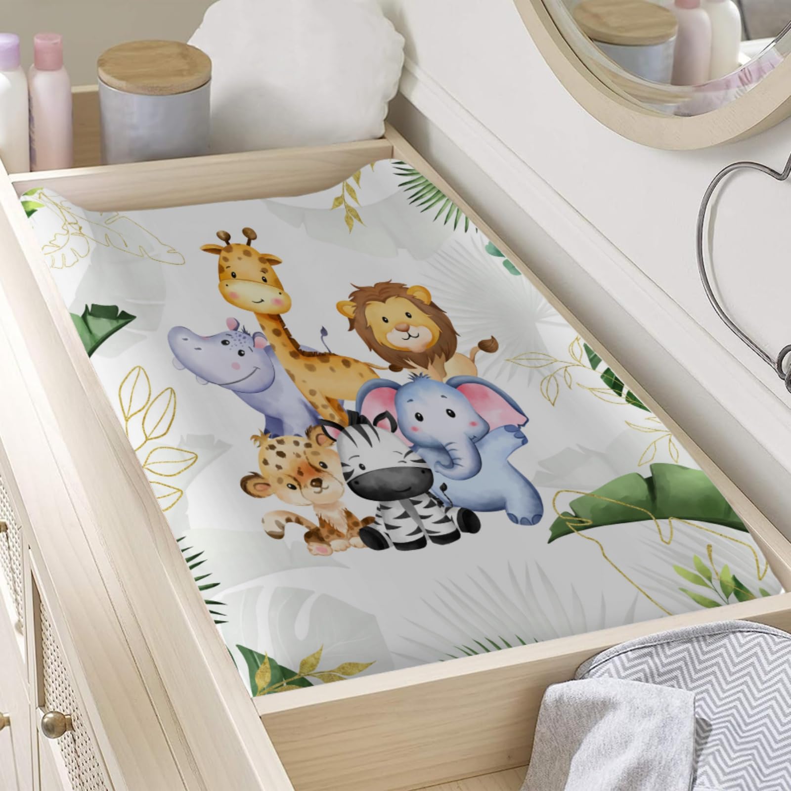 Changing Pad Covers Jungle Safari Animals Tropical Leaves Diaper Changing Table Cover Sheets for Boys Girls Ultra Soft Breathable Stretchy Snug Fitted Changing Table Pad Cover 32''x16''