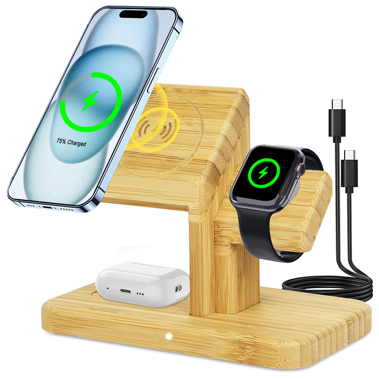 3 in 1 Wireless Charger Stand Bamboo for Apple Devices 20W Fast Charging Station Magnetic for iPhone 15/14/13/12 Pro/Max/Plus, for iWatch Ultra/Ultra 2/8/7/6/SE/5/4/3/2, for Airpods 3/2/Pro