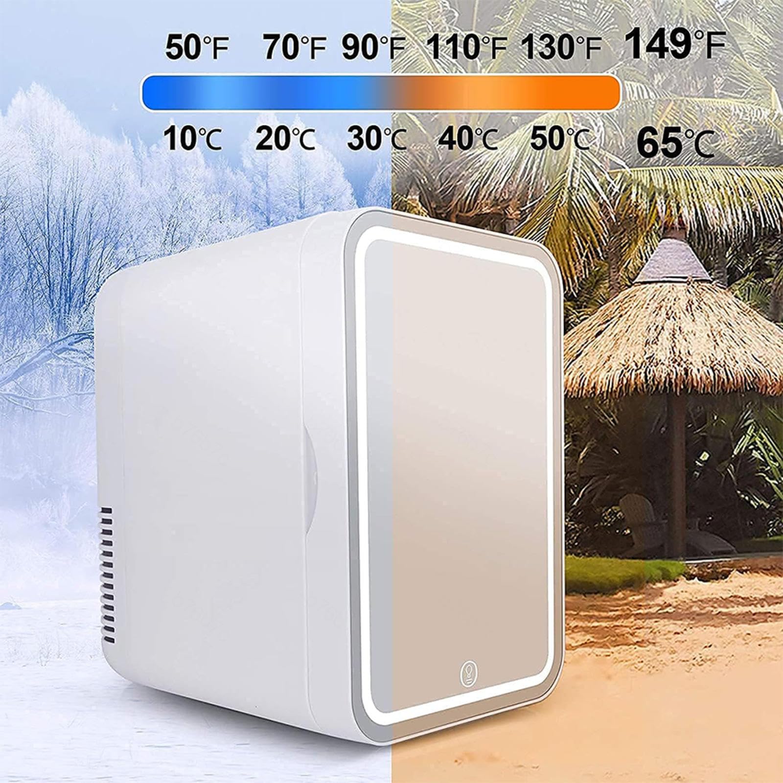 ROLTIN Mini Fridge For Bedroom, With Led Mirror, 8L Capacity Skincare Refrigerator, Chill Or Heat, Ac 220v, Dc 12v Mini Fridge, For Refrigerating Makeup And Food,White (Pink)